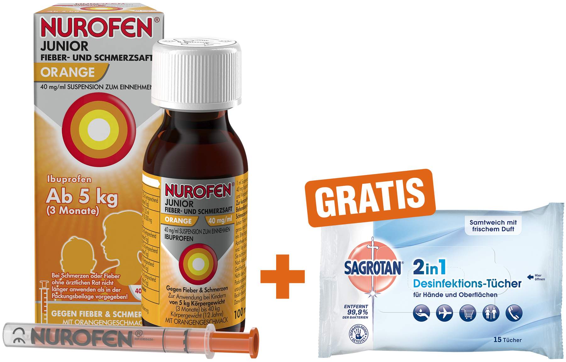 Nurofen Junior Fieber- & Schmerzsaft Orange 40mg pro ml 100 ml + Sagro ...